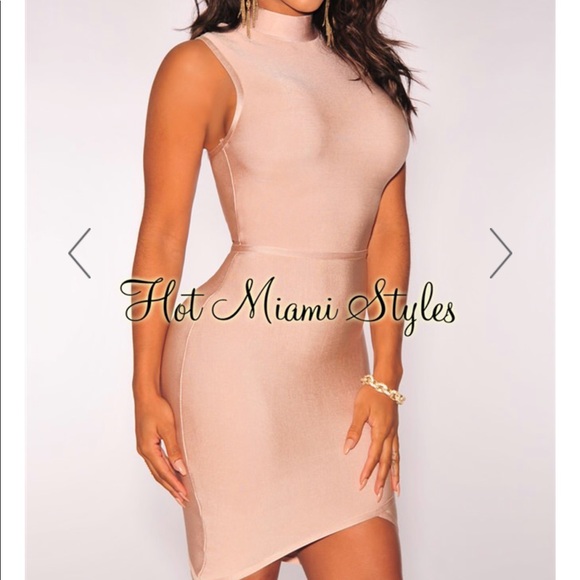 Hot Miami Styles Dresses Nude Mock Neck Arched Bandage Dress Poshmark